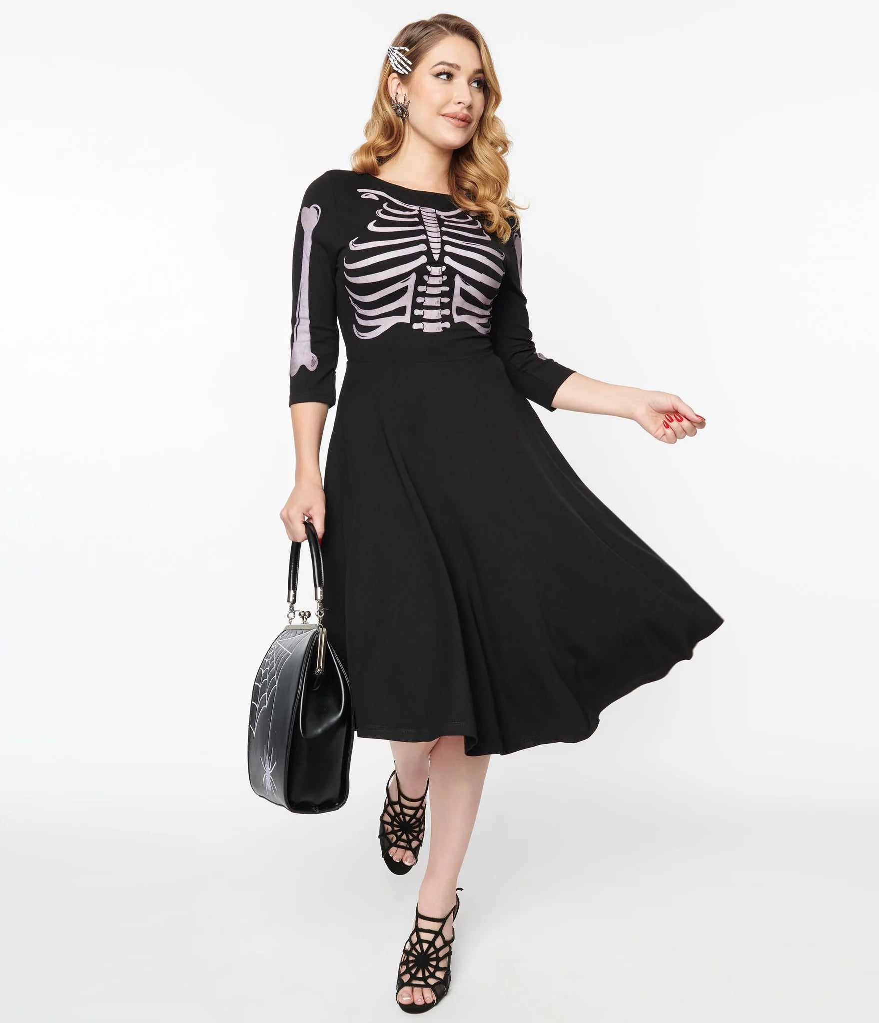 1950s Black Skeleton Bones Graves Swing Dress by Unique Vintage – The ...